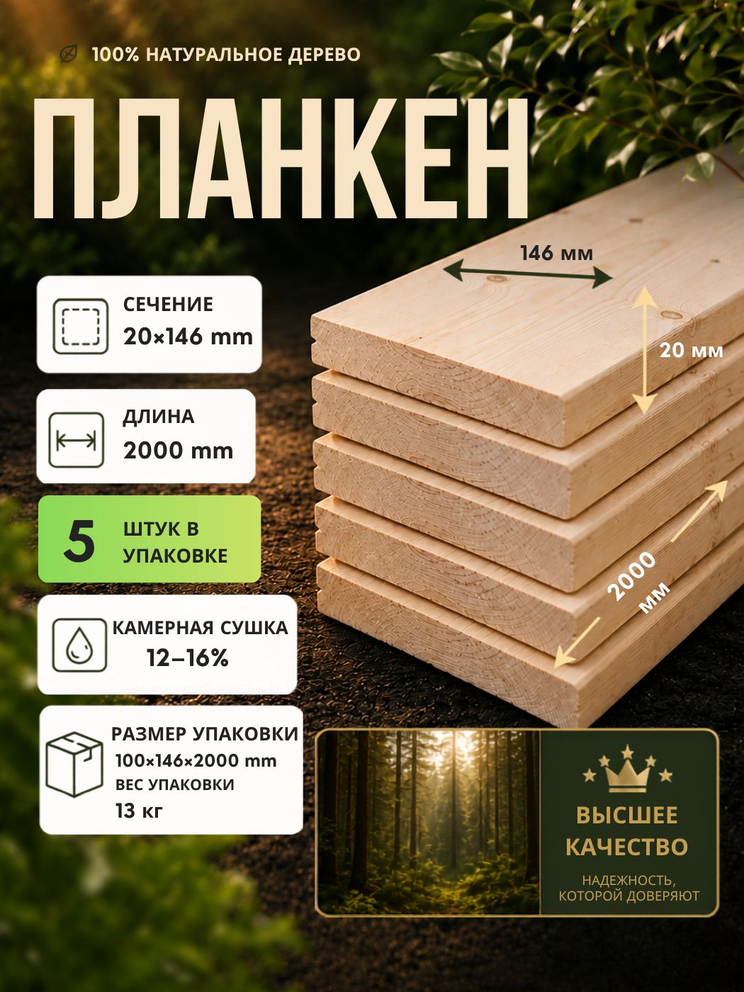 Планкен интерьерный, сорт АВ, 20х146х2000, 5шт, хвойных пород