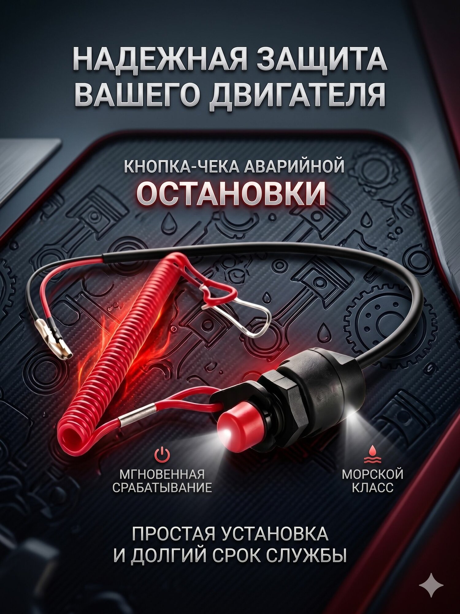 Выключатель аварийный для лодки, красная кнопка с чекой, мгновенное срабатывание, защита ПЛМ, тросик