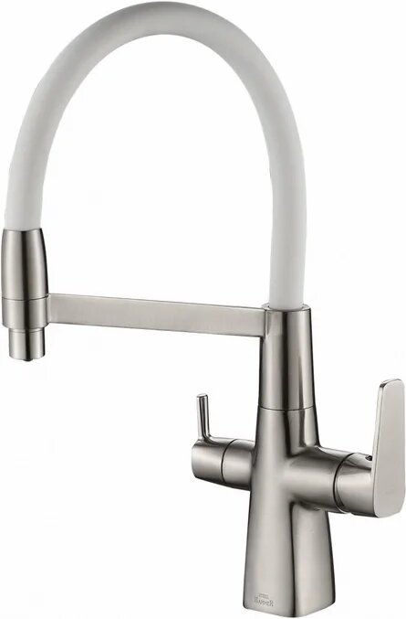 Смеситель для кухни Steel Hammer SH 818-8 SATIN с гибким изливом, с краном для питьевой воды, с поворотным изливом, хром, белый, глянцевый, однорычажный, латунный, с керамическим картриджем