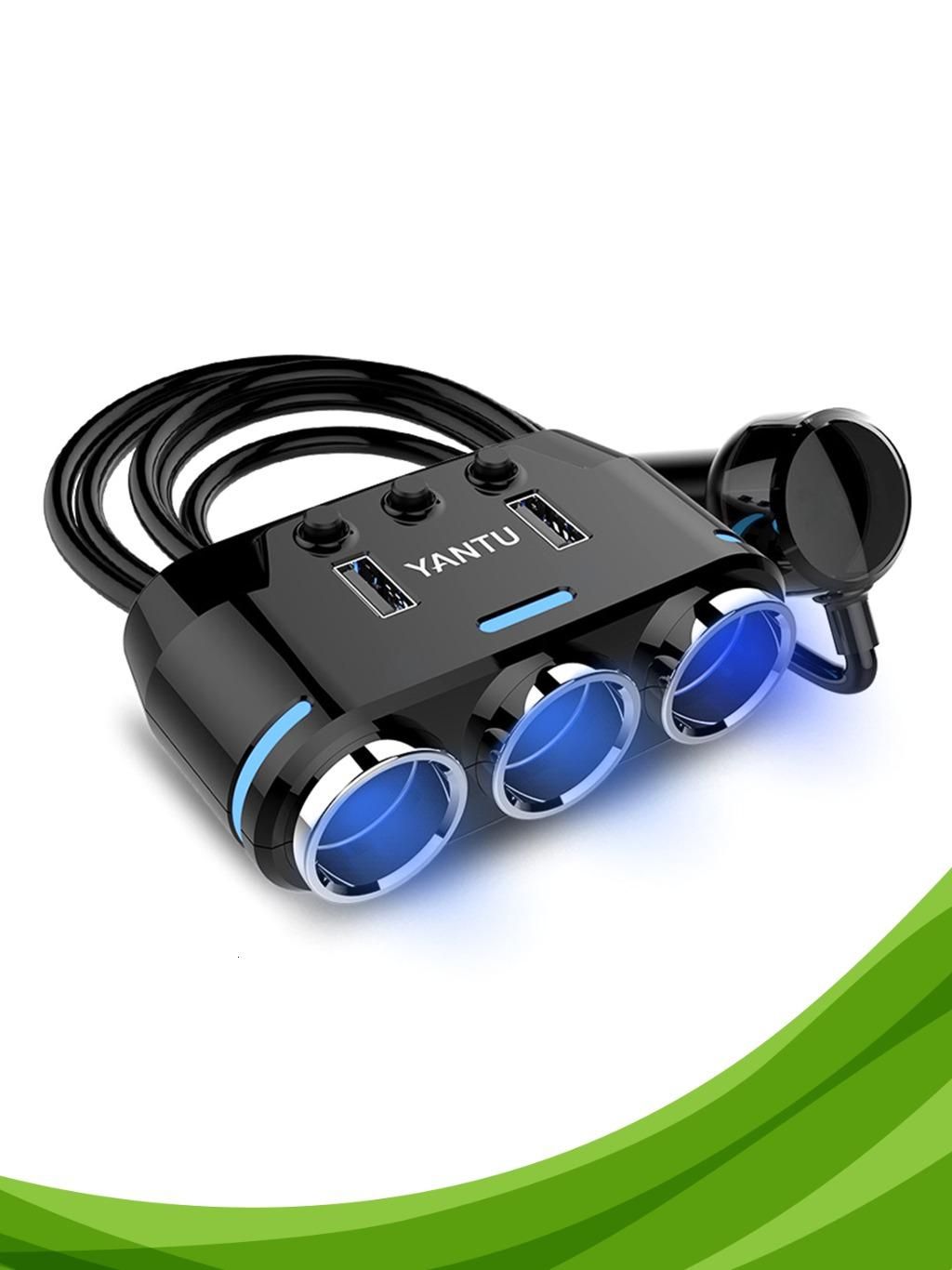 Разветвитель прикуривателя YANTU 3 гнезда 2 USB с подсветкой 12-24В для автомобиля адаптер