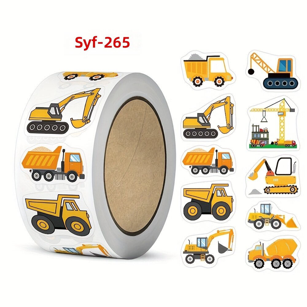 500 желтых наклеек на строительную технику из мелованной бумаги с изображениями экскаватора, бульдозера, крана, самосвала и вилочного погрузчика