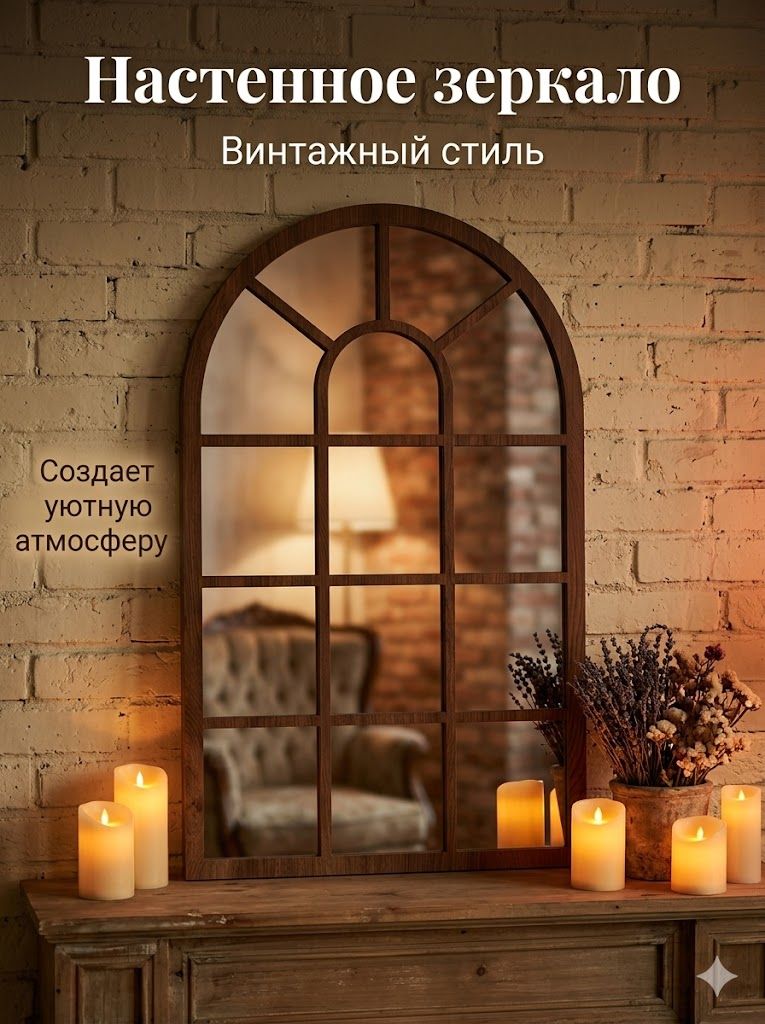 Зеркало настенное в виде арки окна, деревянно-акриловая рама, самоклеящееся