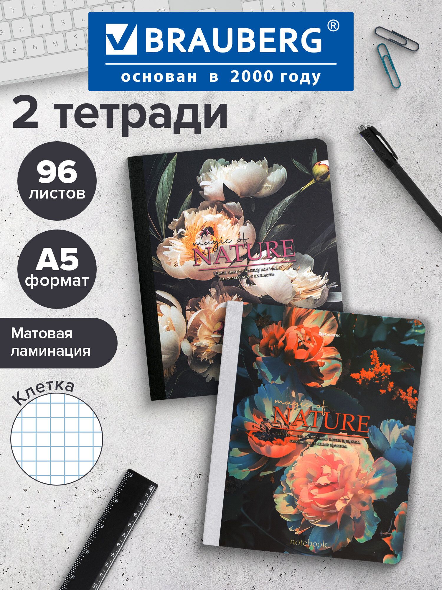 Тетрадь 96 листов в клетку Brauberg 2 штуки набор