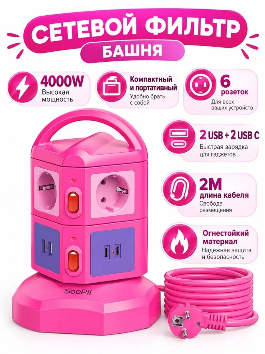 Сетевой фильтр-башня SooPii с 6 розетками, 2 USB и 2 Type-C, кабель 2 м, розовый