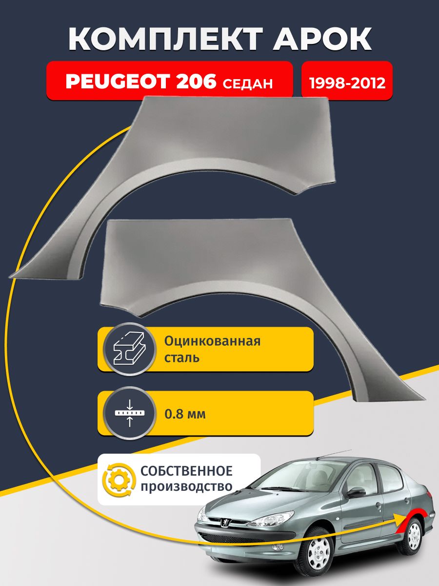 Peugeot 206 1998-2012 Седан. Комплект задних арок 2шт (задние арки Пежо 206). Оцинкованная сталь 0,8 мм.