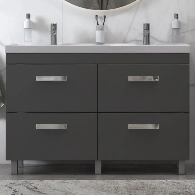 Тумба с раковиной Velvex Orlando 120 напольная, 120 см, двойная, серая, матовая, из МДФ, с ящиками, раковина для ванной, из искусственного мрамора, прямоугольная