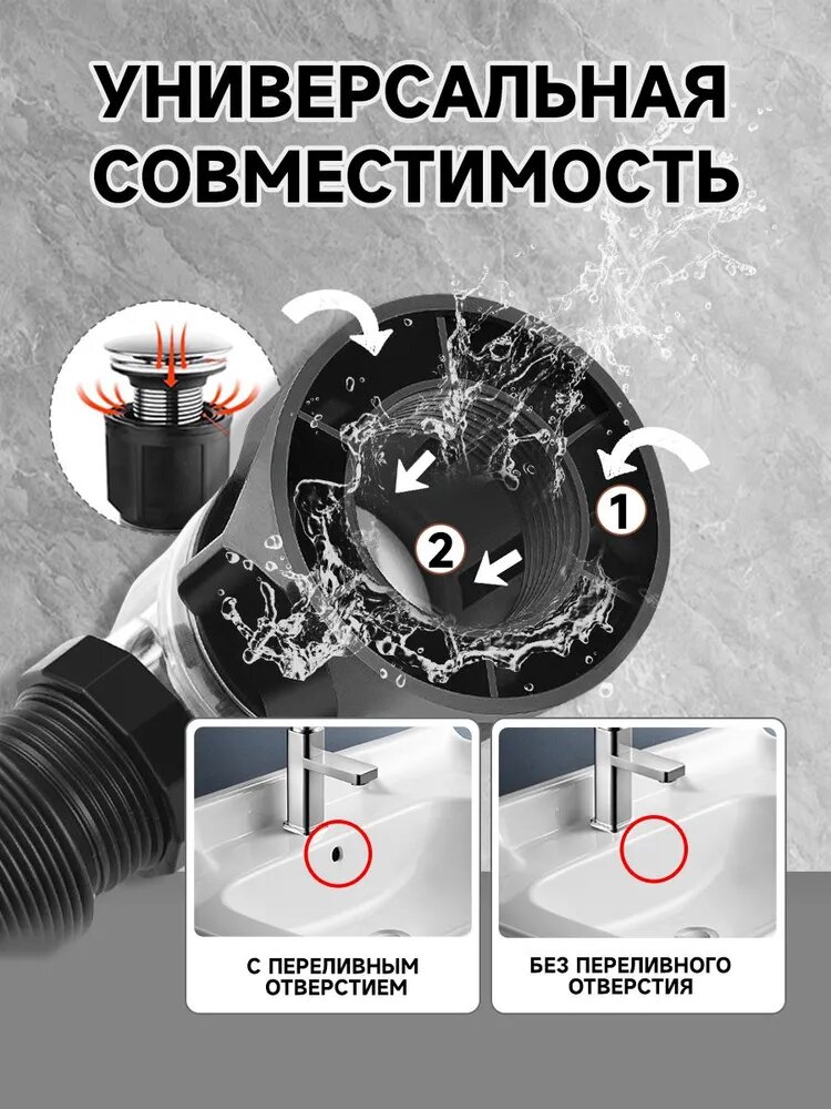 Сифон сливной для раковины и биде, трубный, универсальный, черный матовый — фото 1
