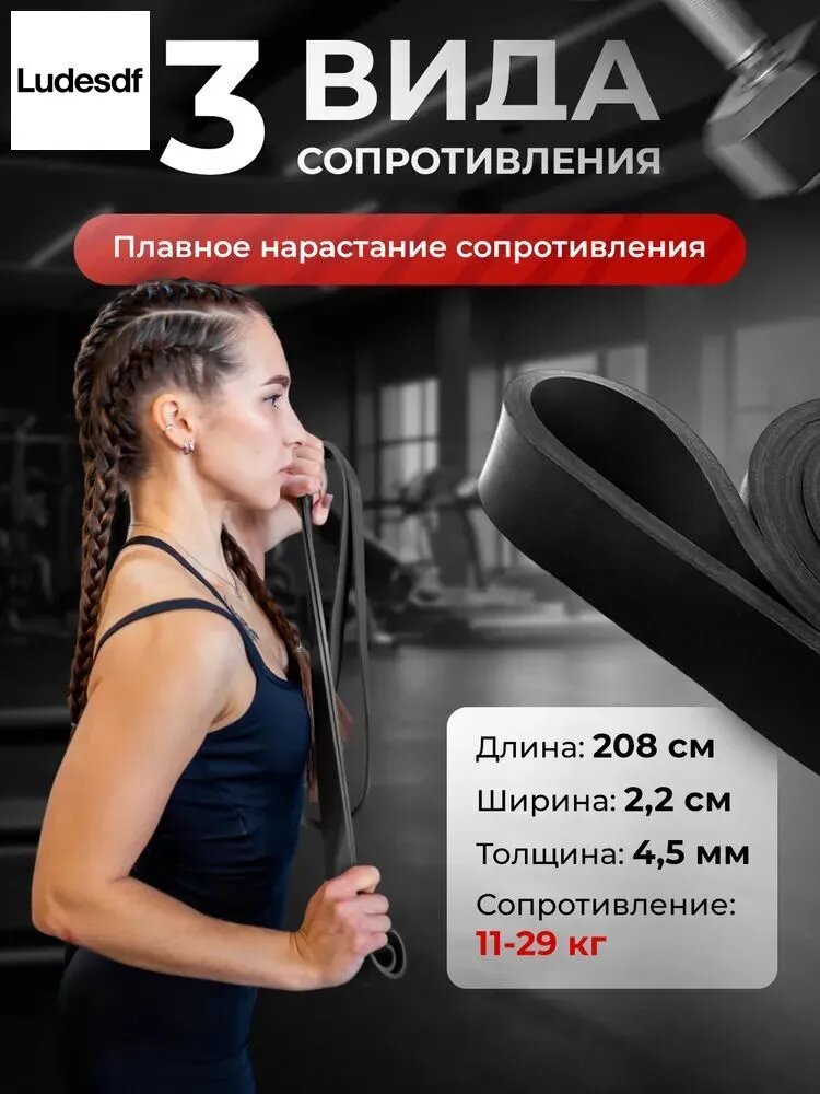 Фитнес-резинка 100% латекс, уровень сопротивления 22-57 кг, толщина 4.5 мм, черный — фото 1