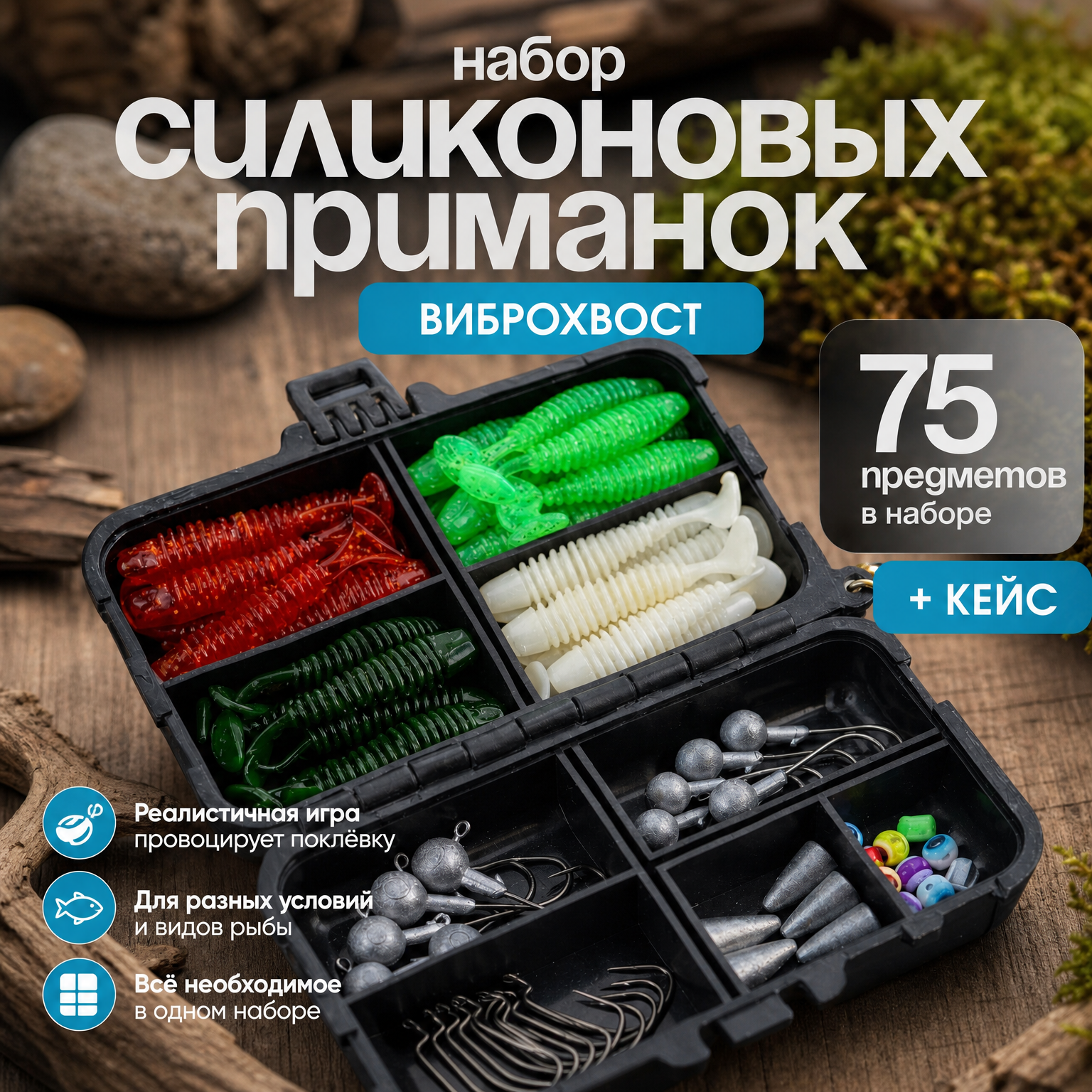 Набор силиконовых виброхвостов / Подарок мужчине-рыбаку / 75 предметов в наборе / Джиг набор с подарочным кейсом (Длина приманки: 4,3 см; Цвет товара: разноцветный; Размеры кейса: 120x80x45 мм)