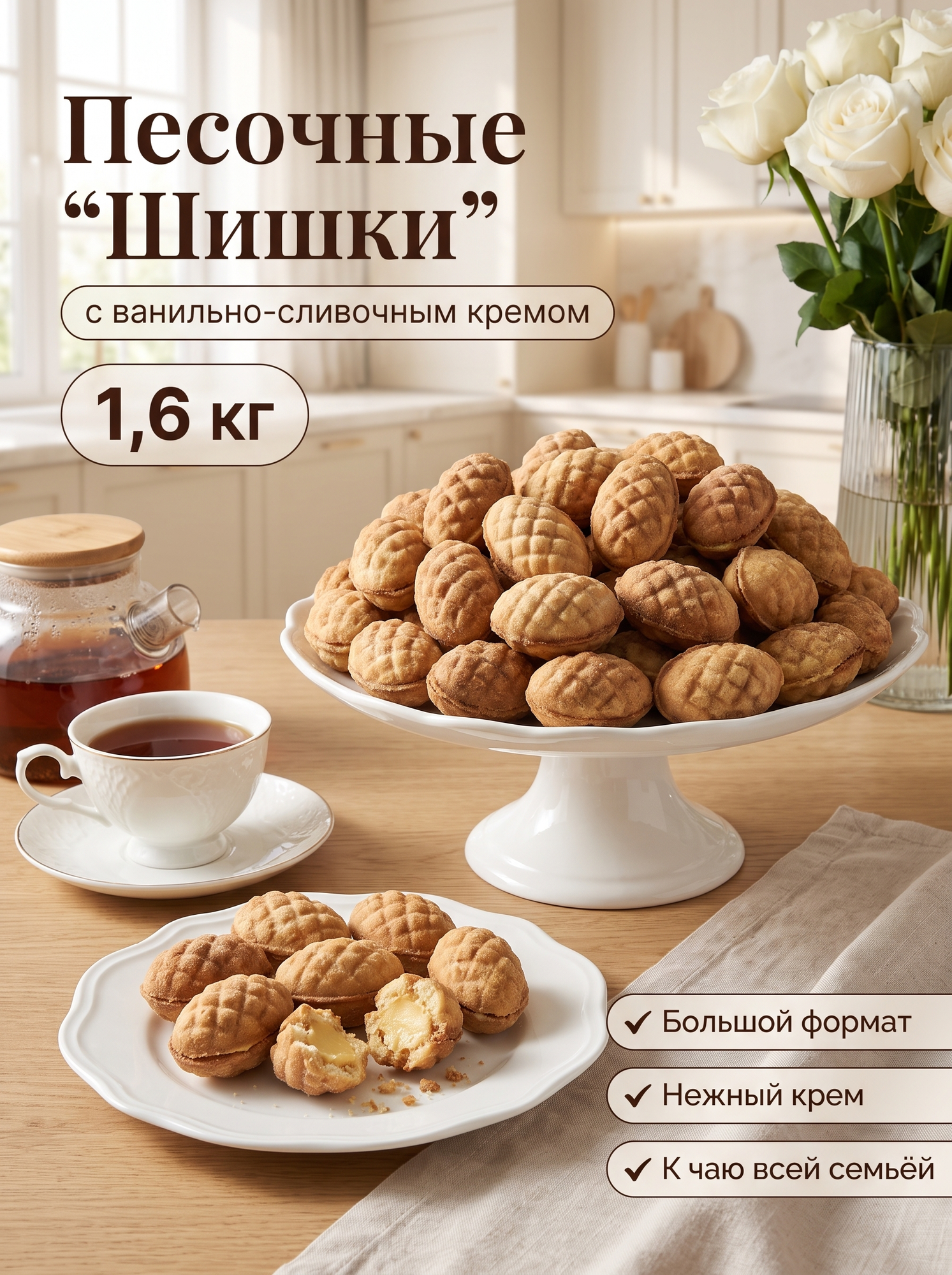Песочное печенье Шишки с ванильно-сливочным кремом 1,6 кг, сладкое печенье к чаю и кофе для семьи и гостей