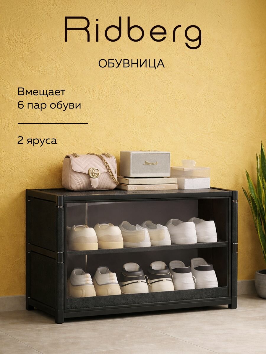 Обувница с дверкой Ridberg 3 полки (Black) черная 3-полочная