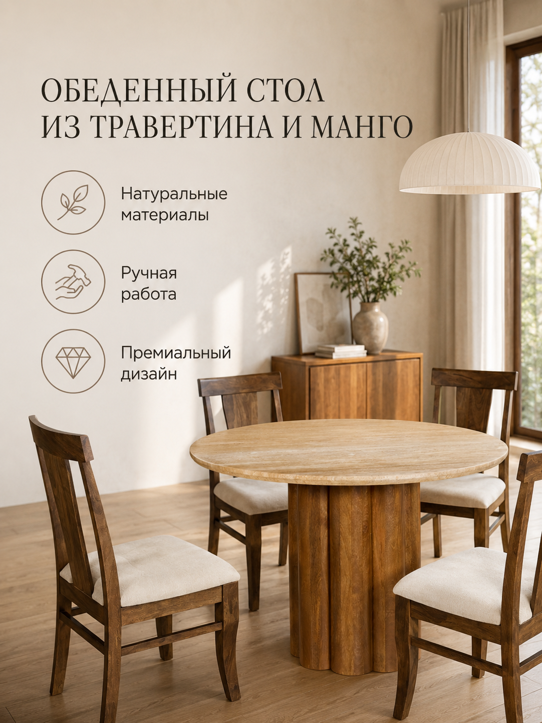 Стол кухонный круглый из массива дерева и мрамора, стол обеденный на кухню, дерево манго и мрамор