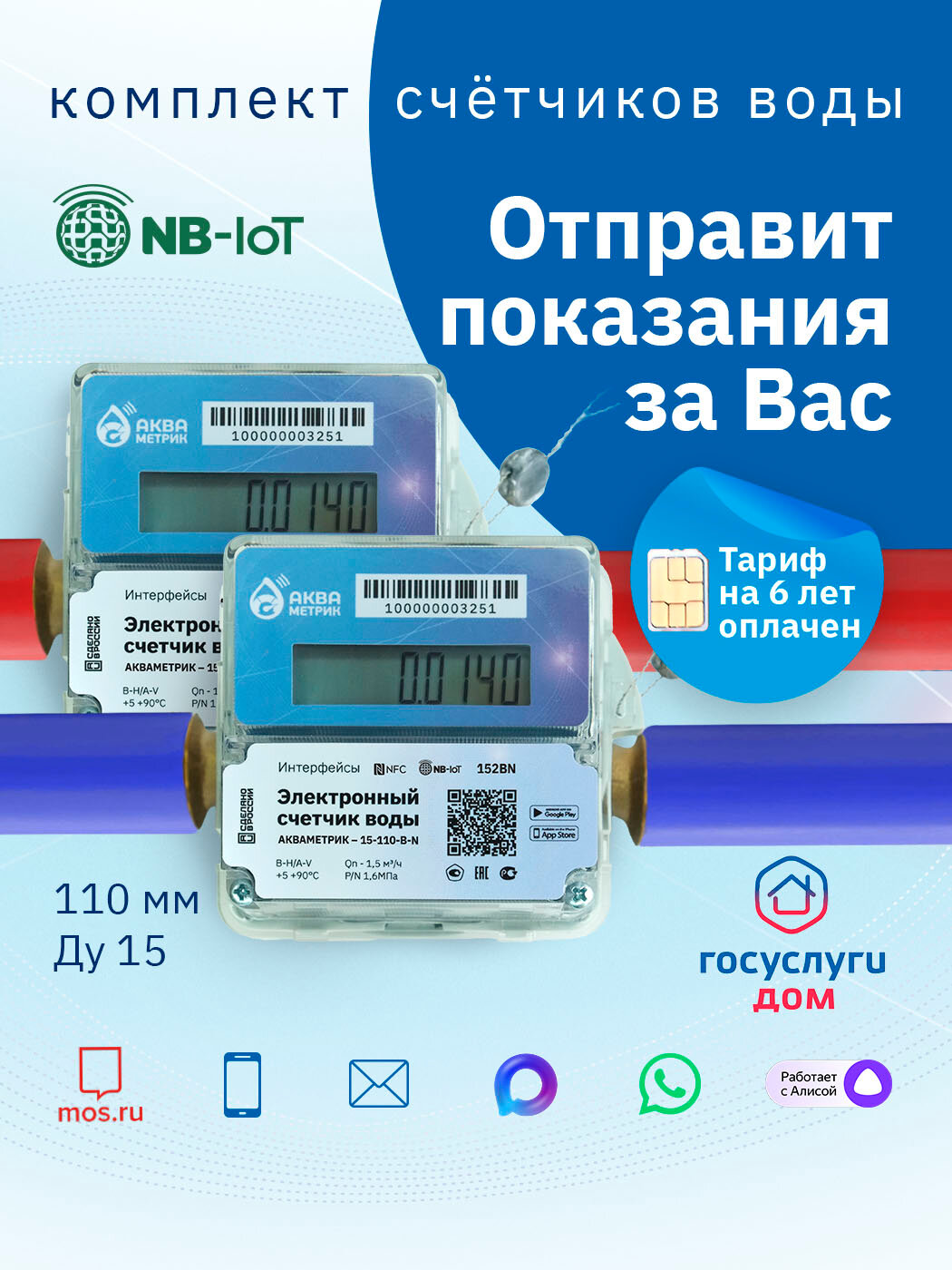 Умные счетчики воды электронные АкваМетрик Nb-IoT 110 мм с тарифом на 6 лет (комплект 2 шт)