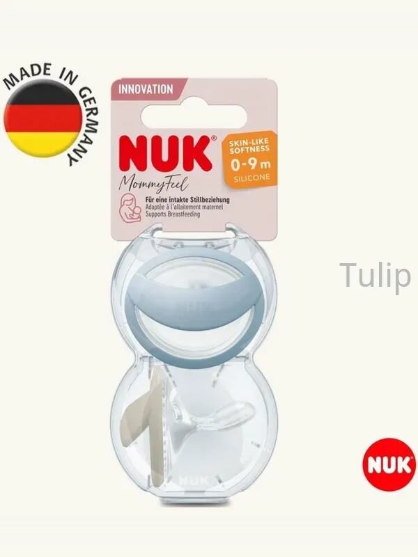 NUK MOMMYFEEL Соска пустышка ортодонтическая силиконовая, разм. 1 (для детей с 0 мес.), 2 шт. в контейнере, голубая