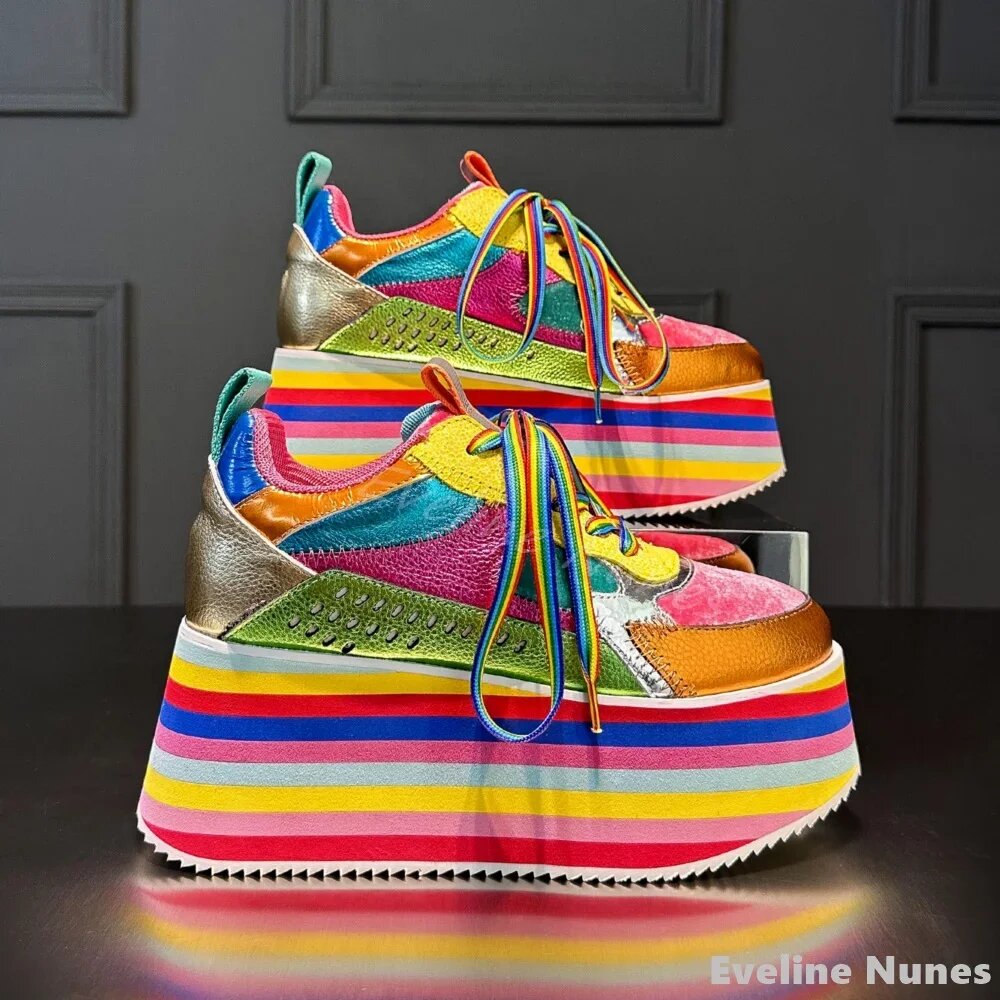 Кроссовки роликовые Rainbow Color Platform Casual Shoes Women Round Toe Cross Tied