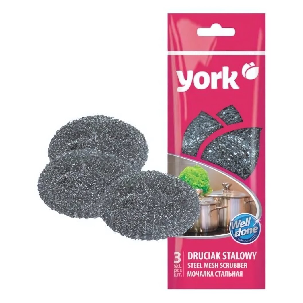 Губки стальные для мытья посуды YORK, 3 шт, металлическая сетка от нагара и жира