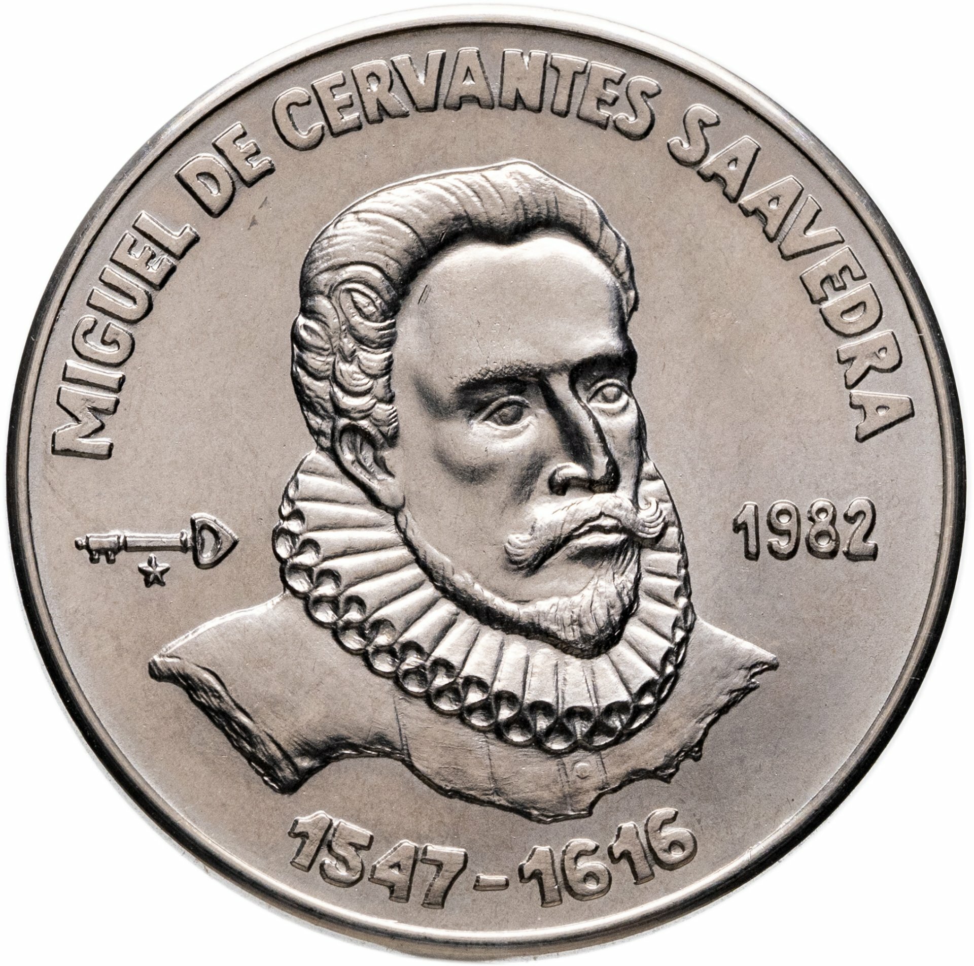 Куба 1 песо peso 1982 "Мигель Сервантес - портрет", Мельхиор медь-никель, в сохранности UNC