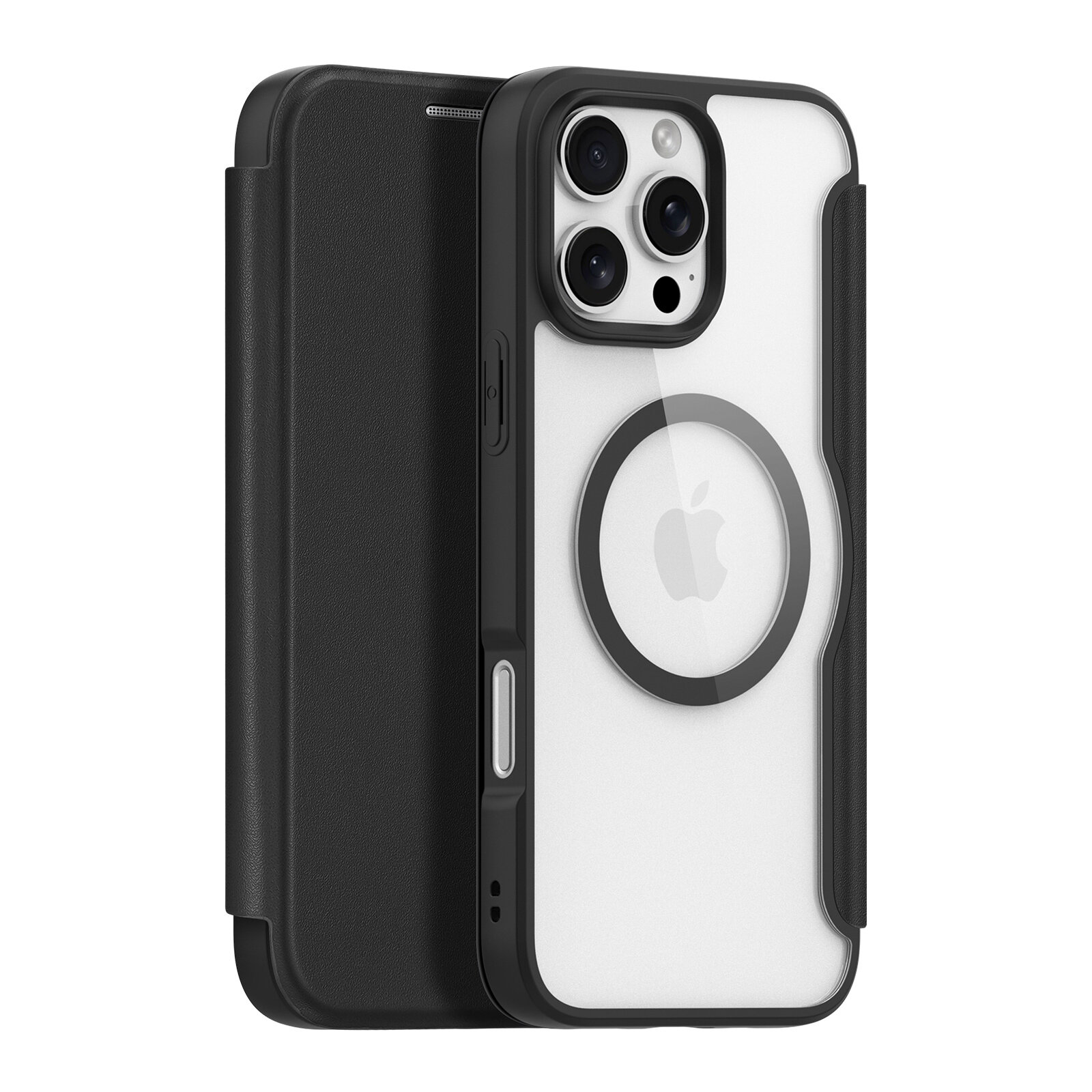 Прозрачный чехол книжка черного цвета с поддержкой MagSafe от Dux Ducis для iPhone 16 Pro Max, серия Skin X Pro Series Case