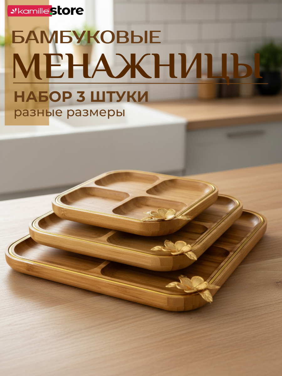 Набор квадратных менажниц 3 шт. из бамбука с декором (золотистый)