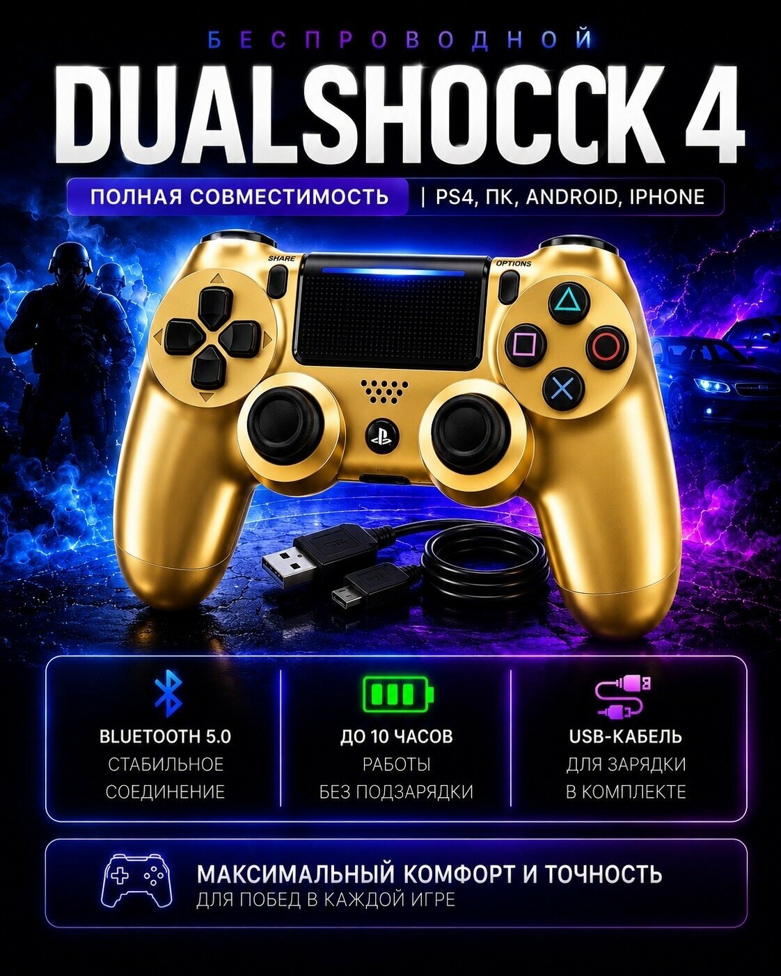 Геймпад игровой "Dualshock 4", Золотистый , беспроводной, для PS4, Bluetooth