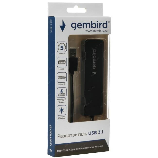 UHB-C415 Разветвитель USB3.1 Gembird UHB-C415, 2хUSB, 2хType-C, с доп. питанием (порт Type-C), кабель USB 19см, черный, — фото 1