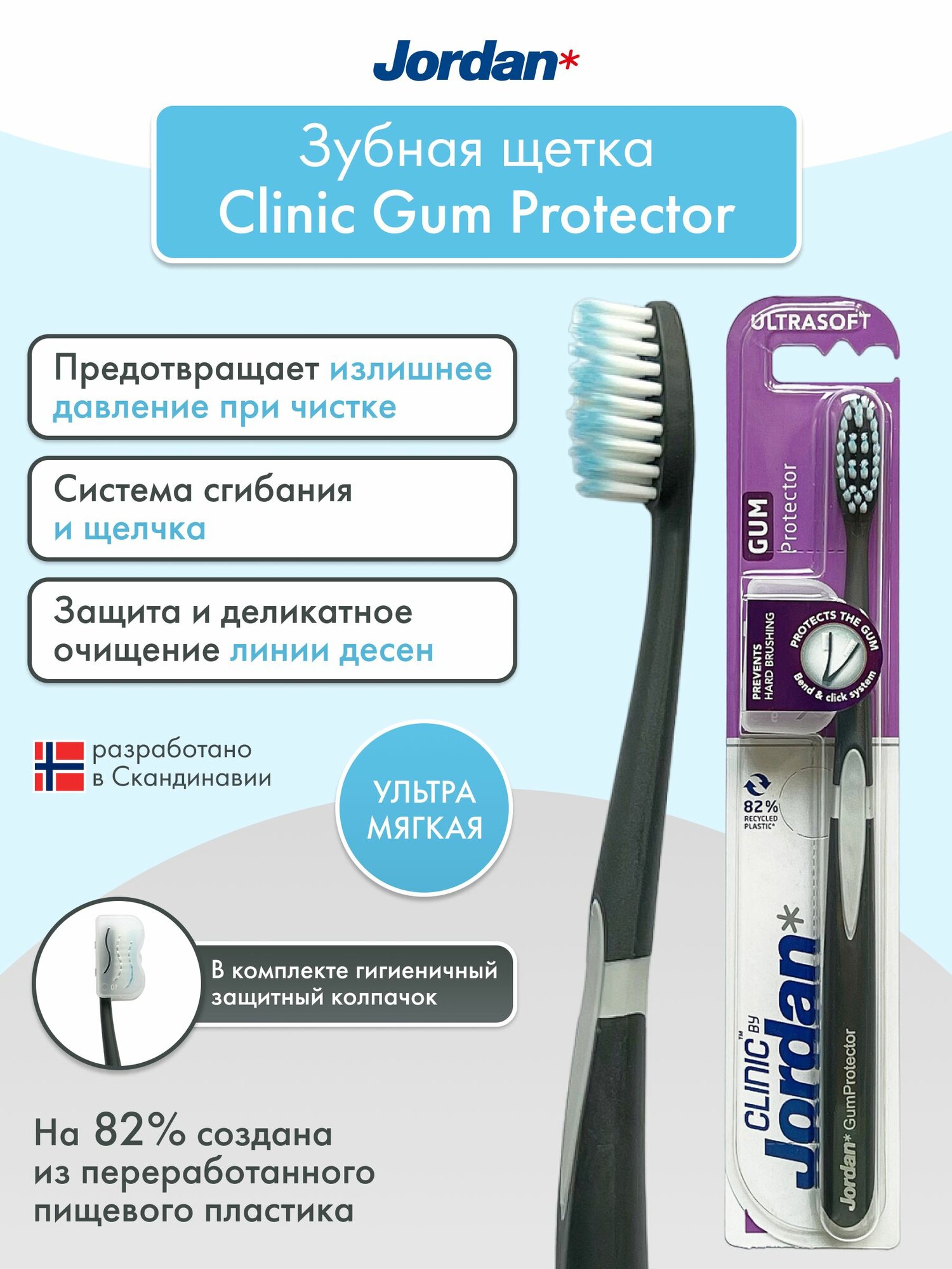 Зубная щетка Jordan Clinic Gum Protector ультрамягкая, с механизмом предотвращающим излишнее давление при чистке