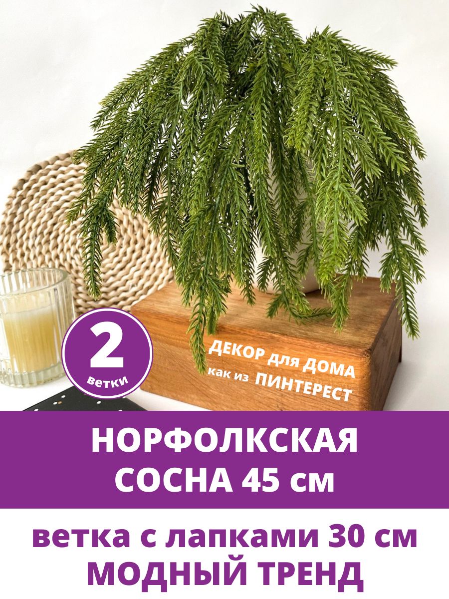 Ветки еловые искусственные, для декора, новогодние, силиконовые, Норфолкская сосна, 45 см, 2 ветки