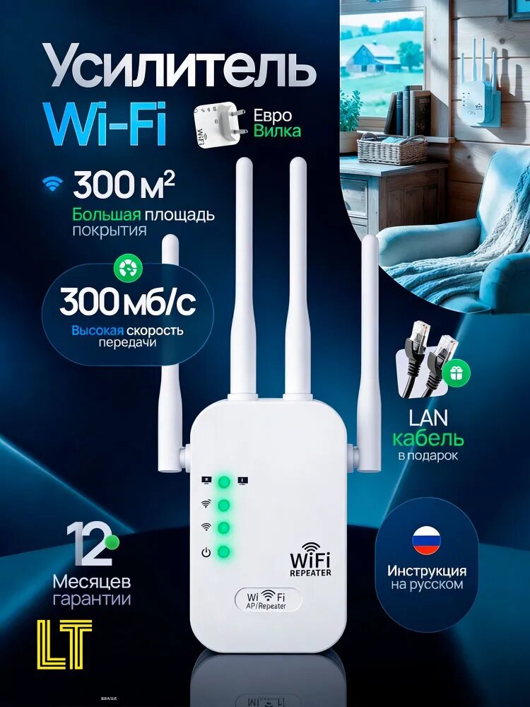 Wi-Fi репитер 300 Мбит/с 2.4/5 ГГц с антеннами, белый, Europlug