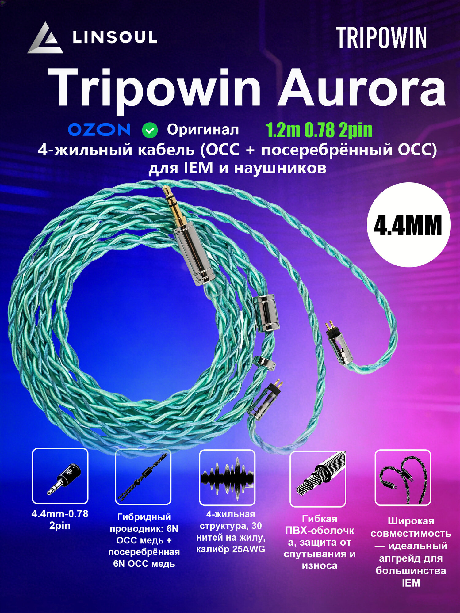 Tripowin Aurora сменный кабель для наушников IEM: 4-жильный OCC + серебряное покрытие, HiFi-звук, универсальная совместимость
