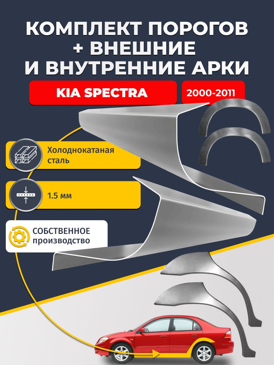 Комплект ремонтных задних внешних и внутренних арок (0,8 мм) + комплект стандартных ремонтных порогов , на Kia Spectra 2000-2011 седан (Киа Спектра) Холоднокатаная сталь 1.5 мм