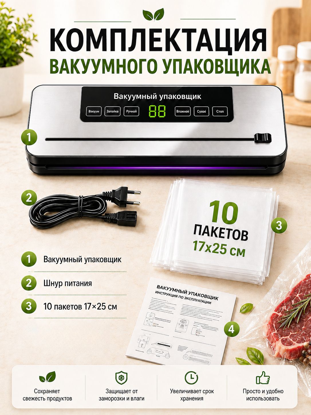 Вакууматор для продуктов с резаком и пакетами, для дома и кухни, влажный и сухой режим, 10 пакетов в подарок, для хранения продуктов и Sous-Vide