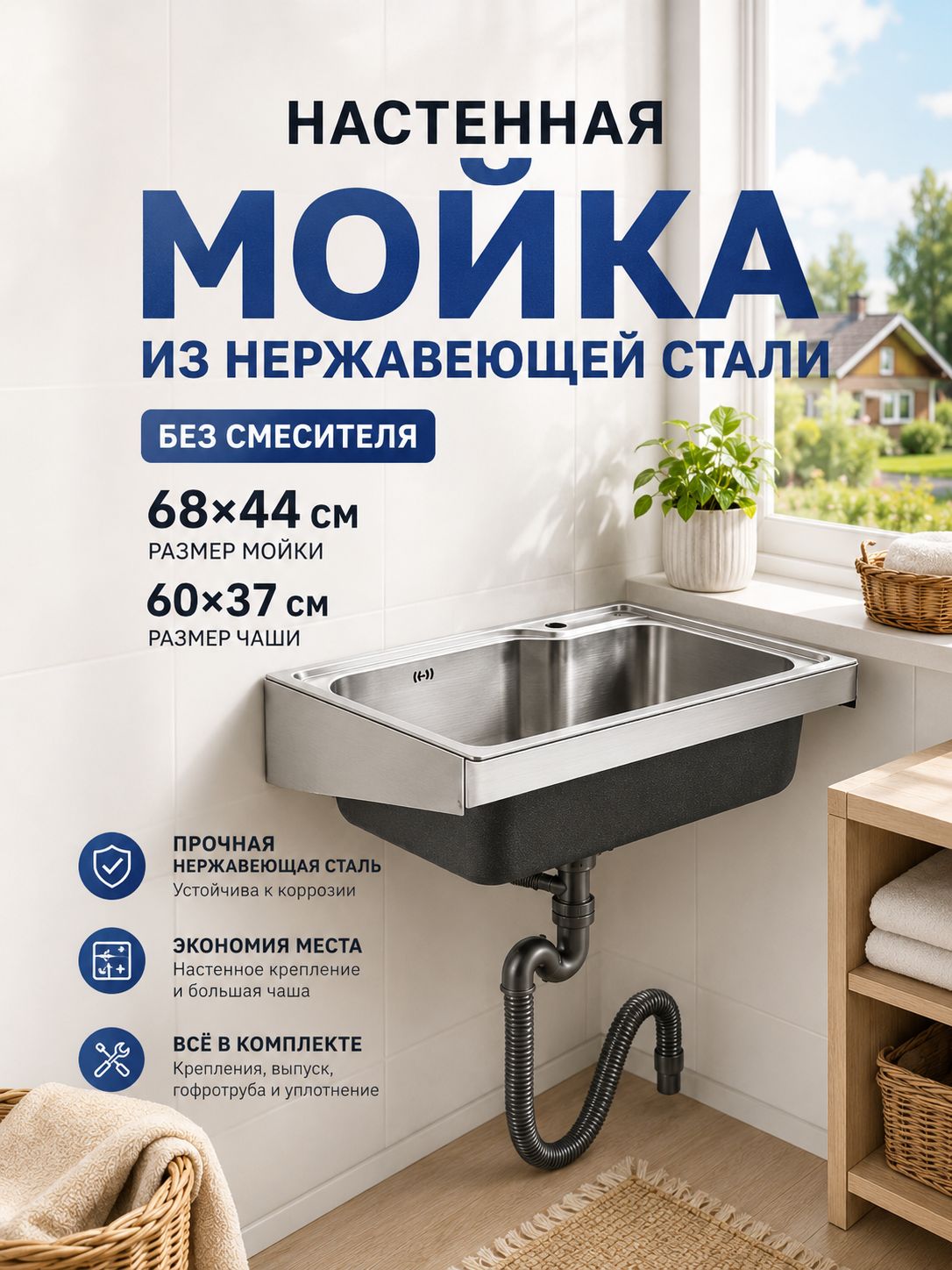 Практичная кухонная мойка из нержавеющей стали, 6844 см, с комплектом креплений, для кухни и рабочих зон