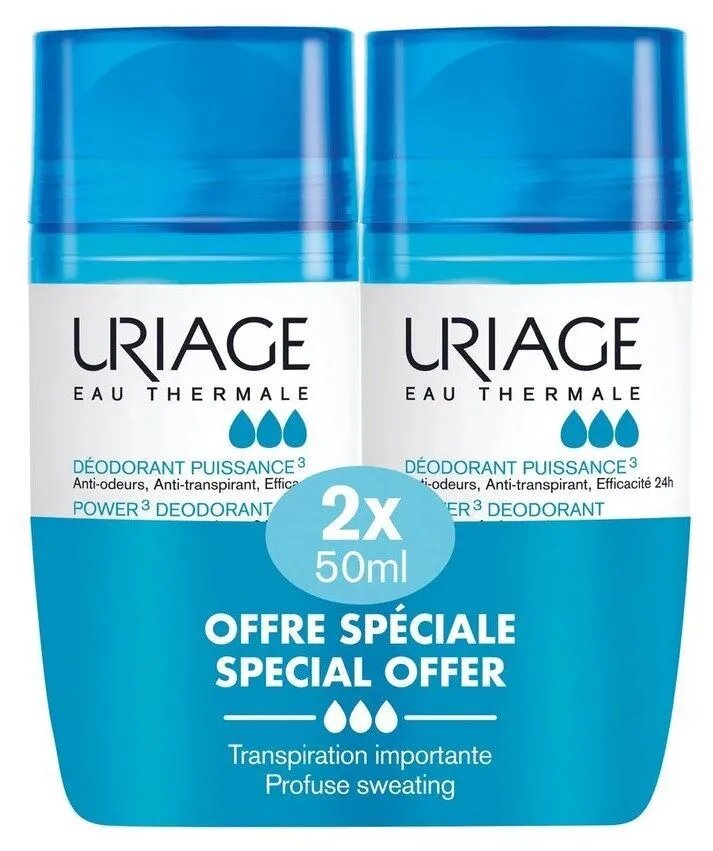 Uriage Дезодорант тройного действия для чувствительной кожи Power3 Deodorant, Роликовый, Набор: 2*50 мл