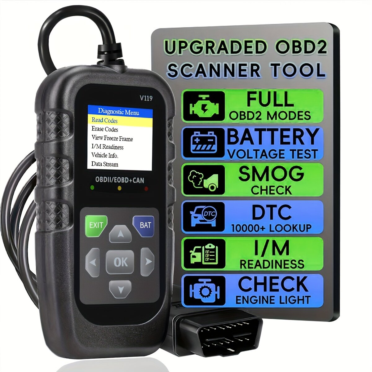 Автомобильный OBD2 сканер – считыватель кодов ошибок двигателя, тестер напряжения, EOBD+CAN, зарядный тест, OBDII, черный