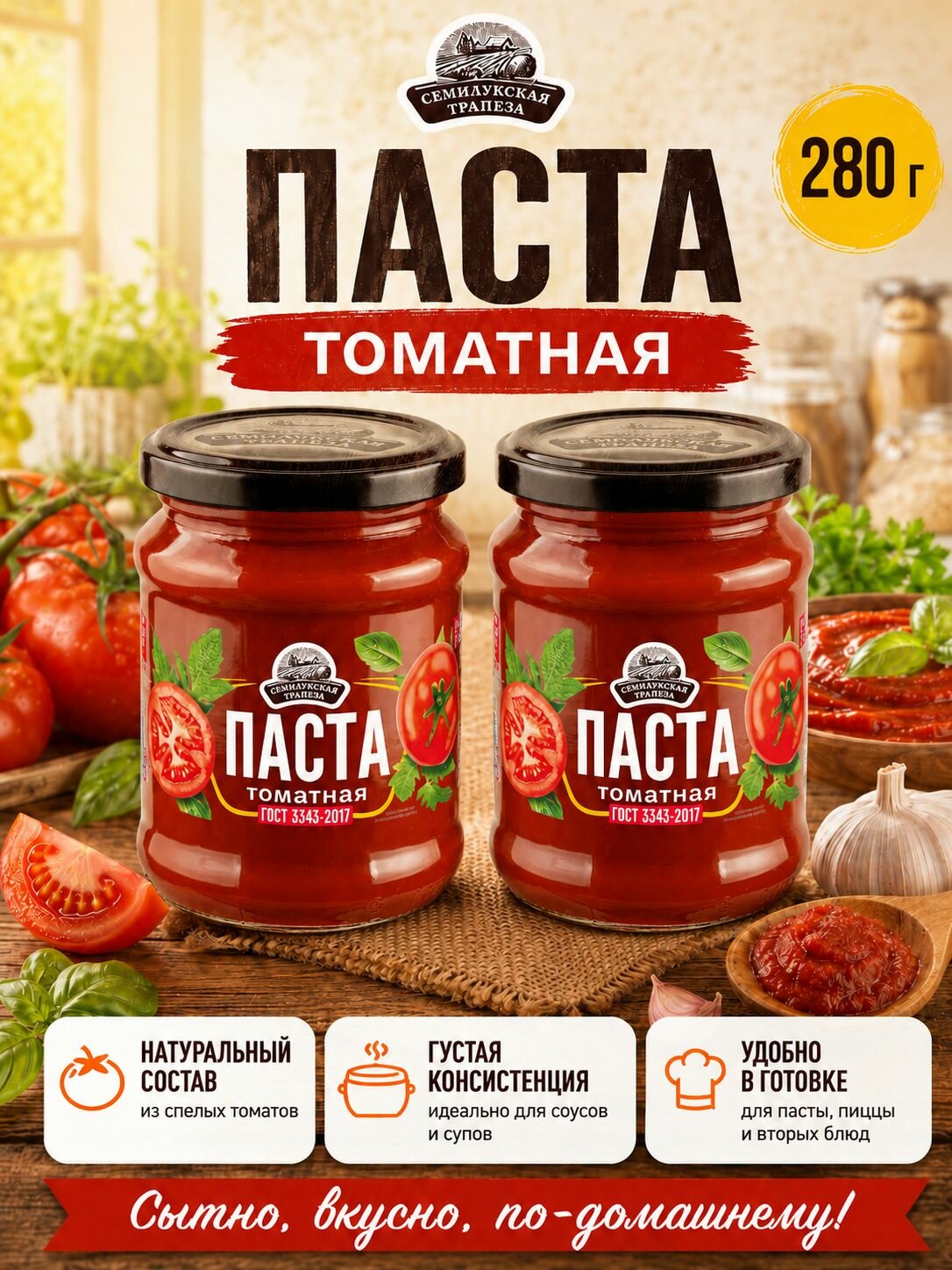 Семилукская трапеза Томатная паста ГОСТ, 2 шт. по 280 г