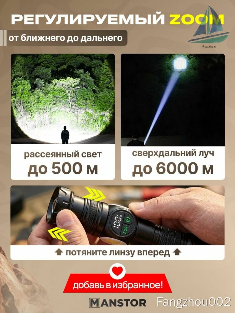 Фонарь лазерный MANSTOR с магнитом, 6000м, 22ч, 9 режимов - powerbank для выживания — фото 1