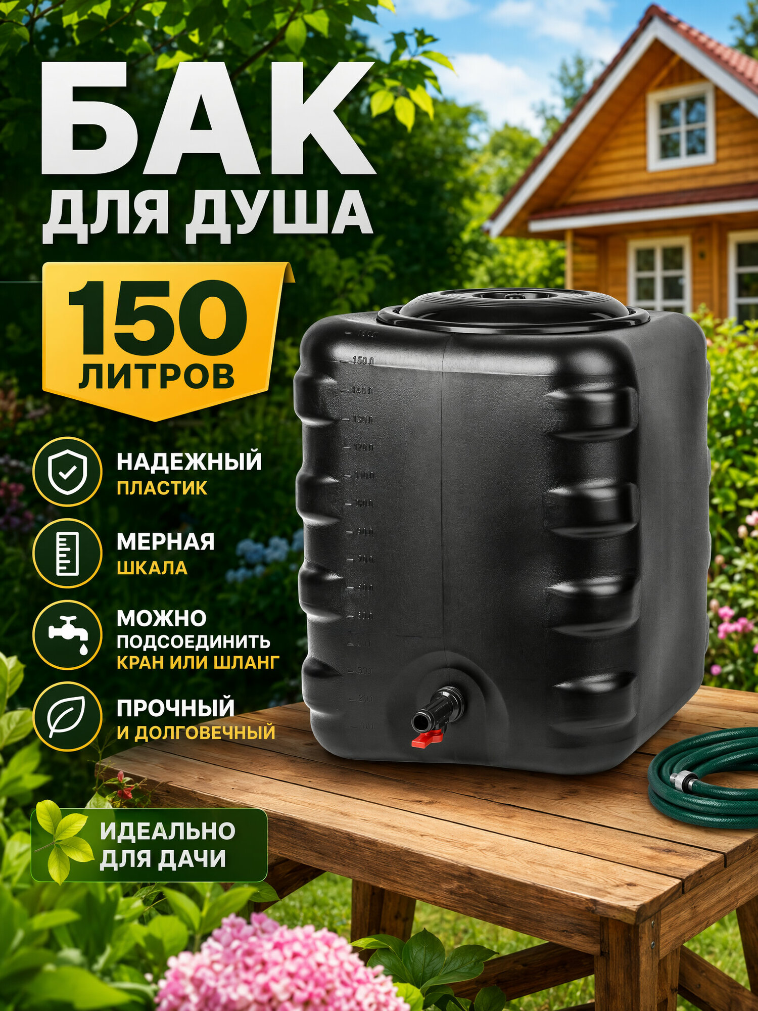 Бак для душа, 150 л, пластик, прямоугольный, черный, с крышкой
