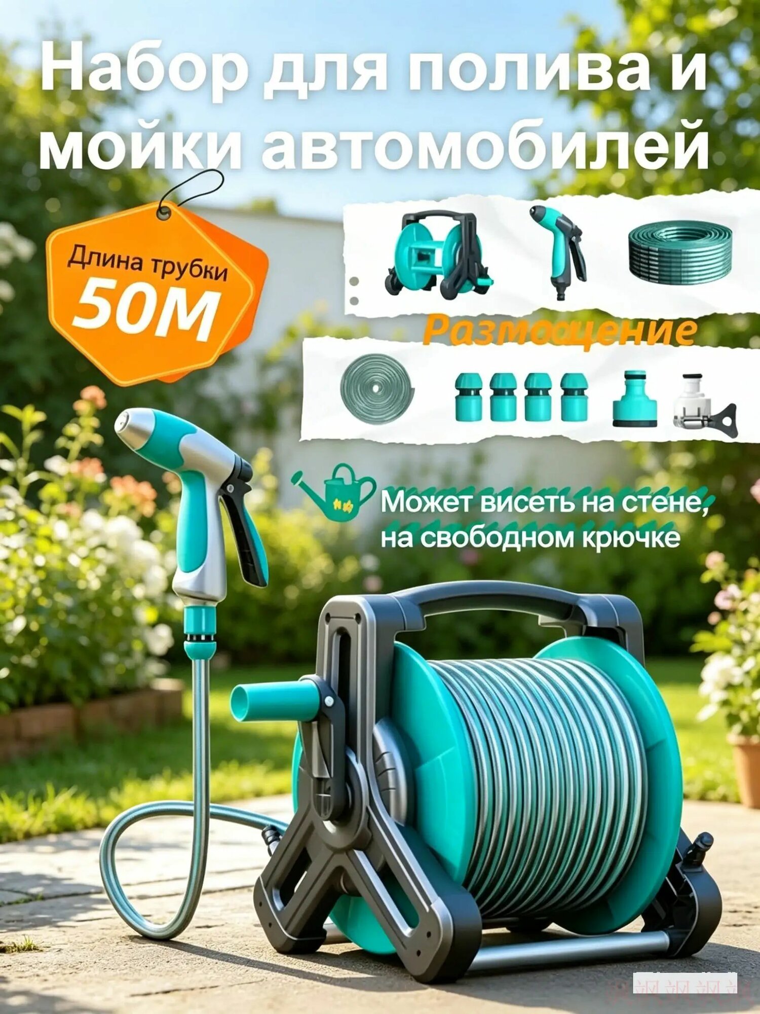 Шланг для полива сада и мойки автомобиля, 50 м, с катушкой для быстрого сматывания, высокого давления, антизапутывающийся, пистолет для полива