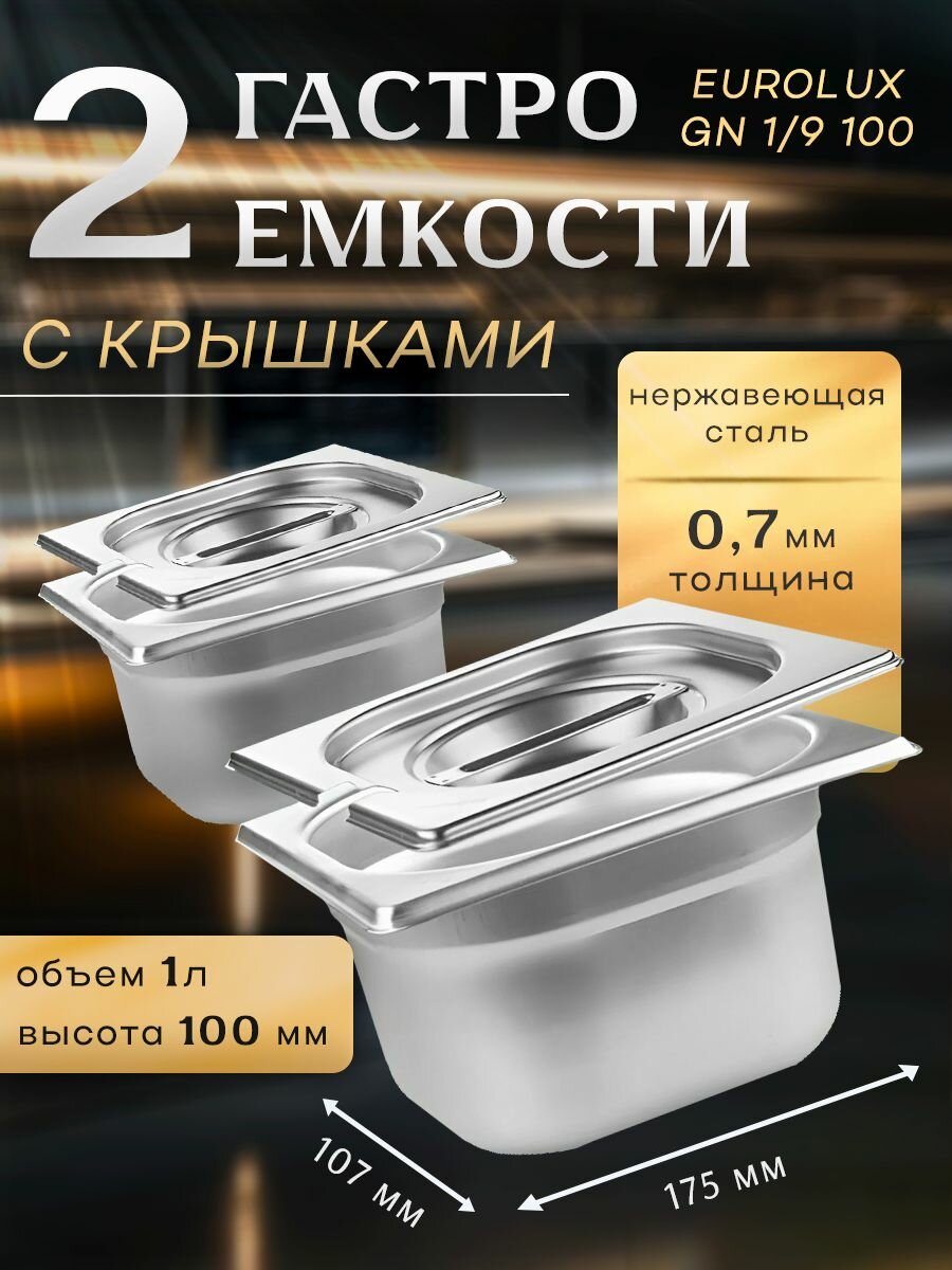 2 Гастроемкости с крышками EUROLUX GN1/9 100.(175х107х100)мм. нержавеющая сталь.
