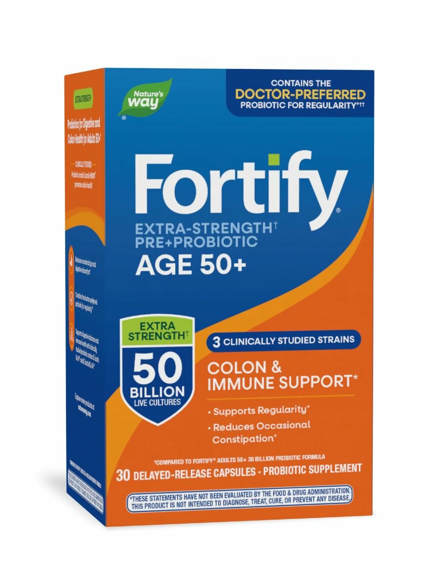 Nature's Way, Fortify Age 50+, Ежедневные пребиотики и пробиотики для взрослых людей 50+, 50 миллиардов КОЕ, для поддержки пищеварения и иммунитета, 30 капсул с замедленным высвобождением