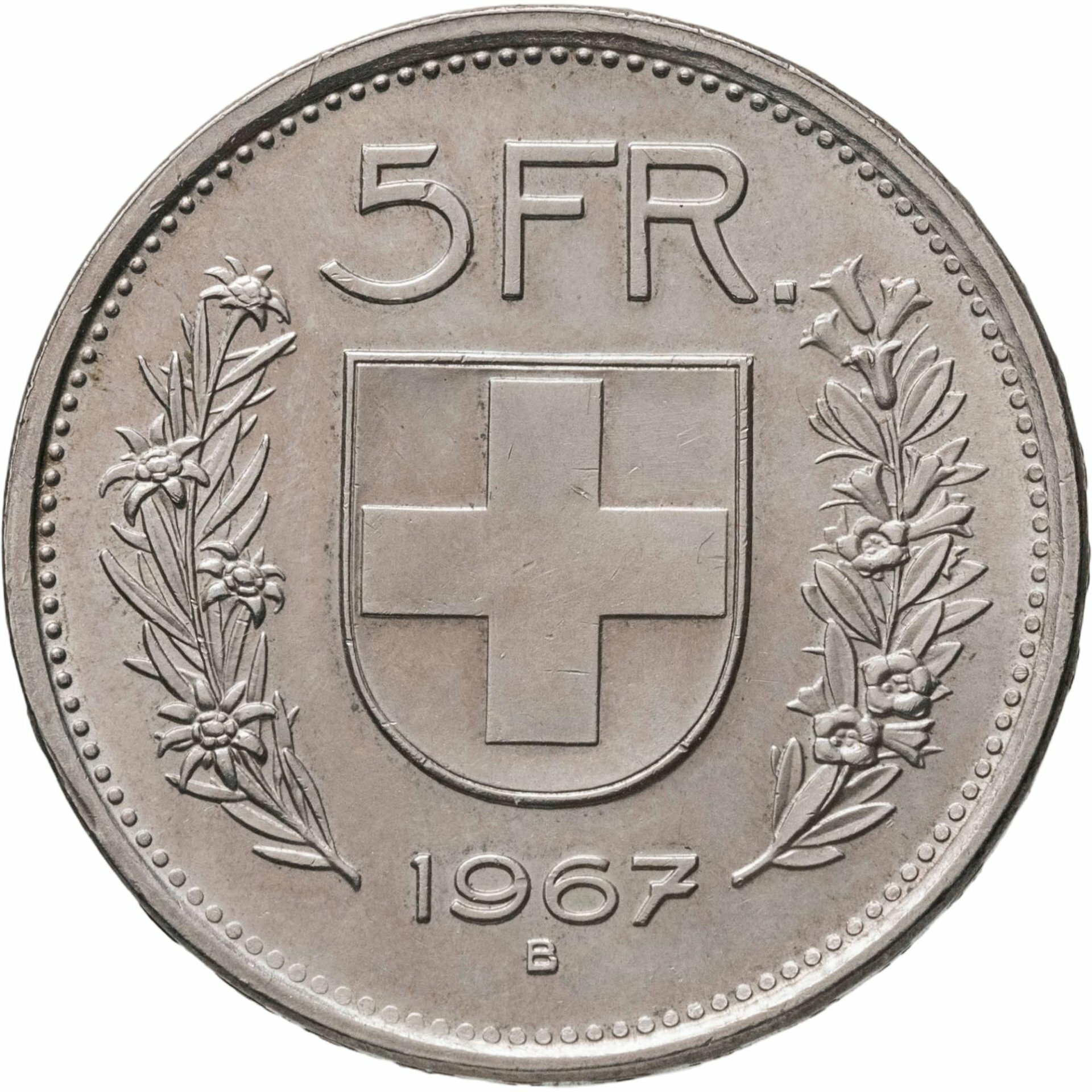 Швейцария 5 франков 1967, Серебро 835, в сохранности AU