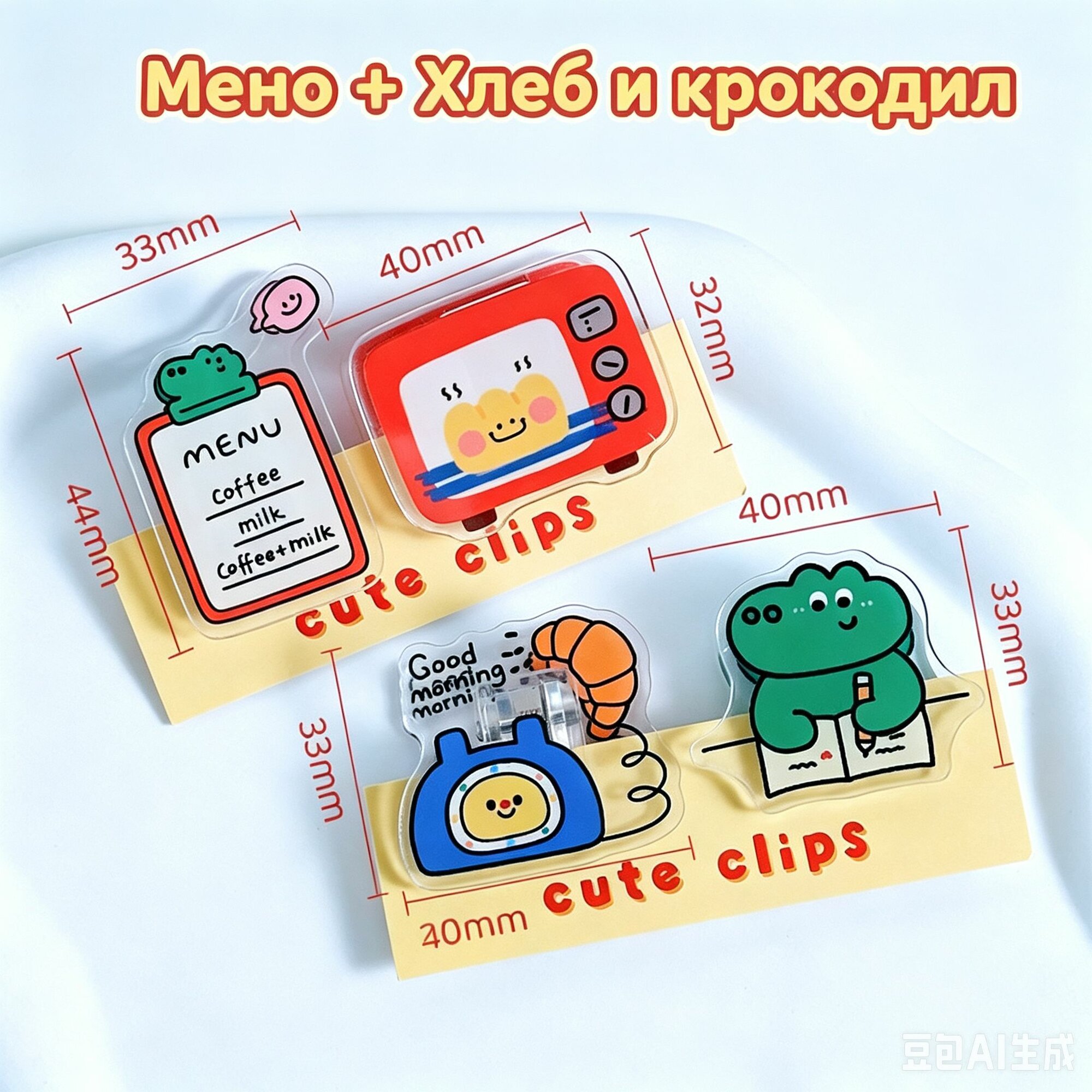 Креативные зажимы для бумаг, двусторонние, акриловые, в виде крокодилов и еды, для заметок и фото