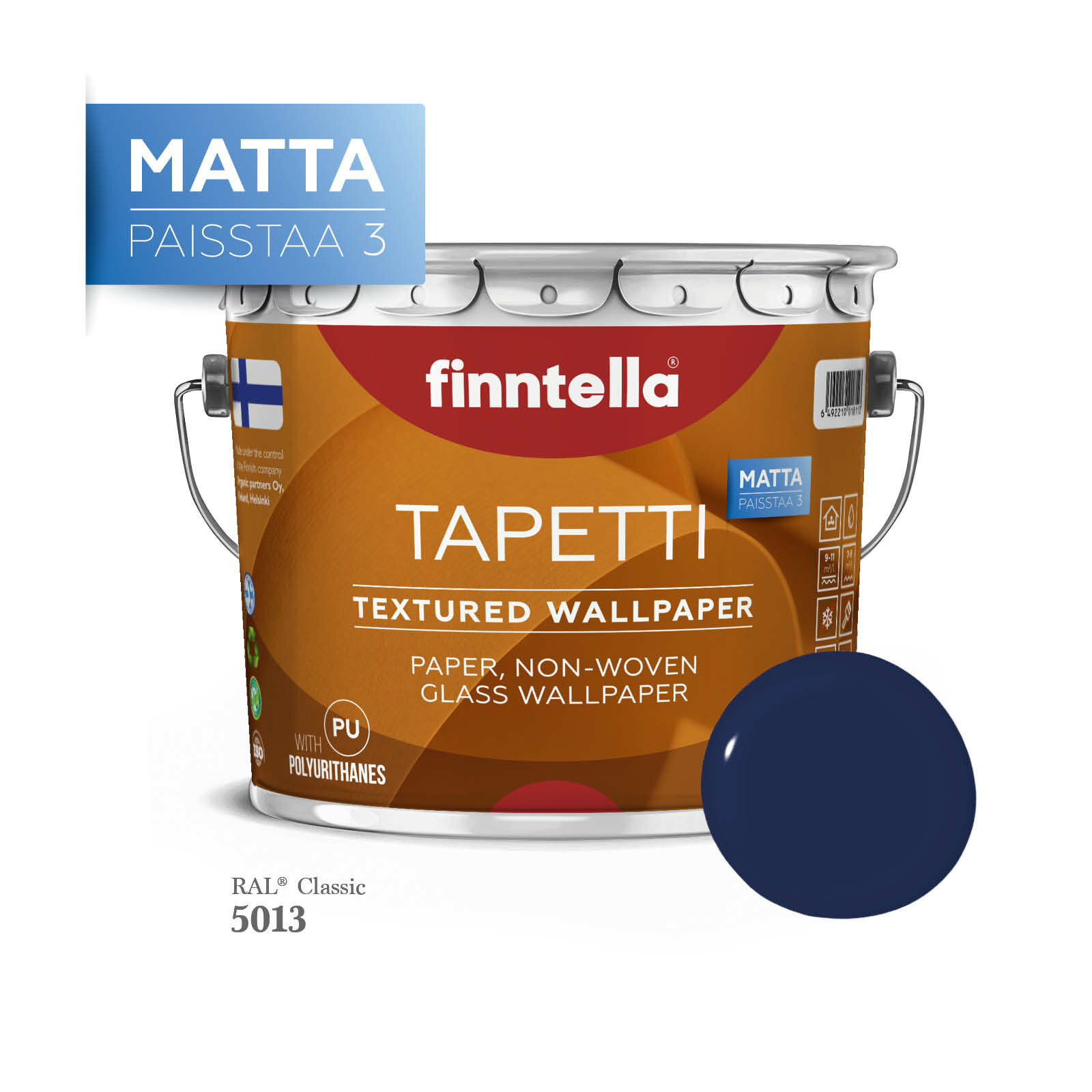 Матовая краска для обоев под окраску TAPETTI Matta FINNTELLA, Цвет RAL 5013 Кобальтово-синий (Cobalt blue), 2,7л