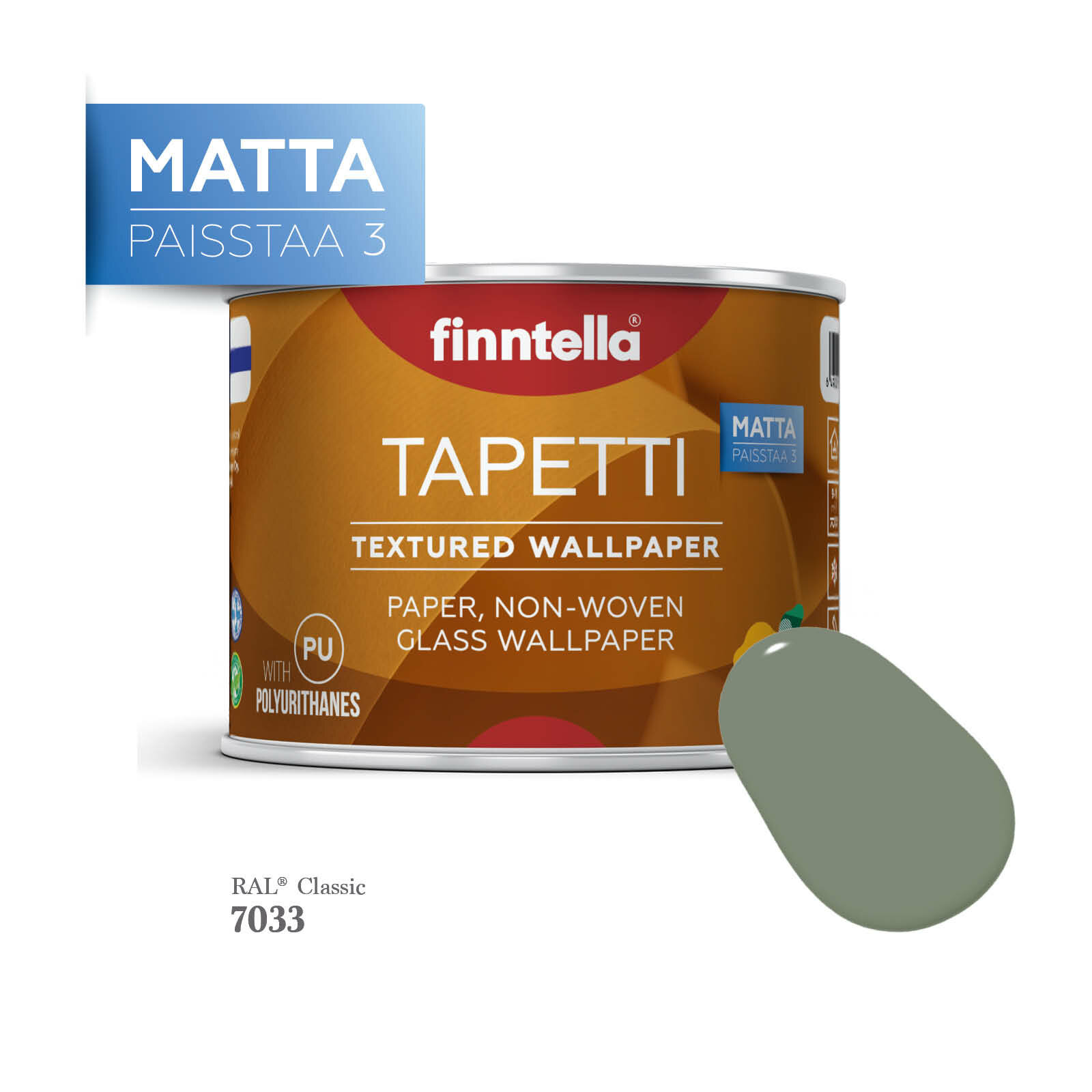 Матовая краска для обоев под окраску TAPETTI Matta FINNTELLA, Цвет RAL 7033 Цементно-серый (Cement grey), 0,45л