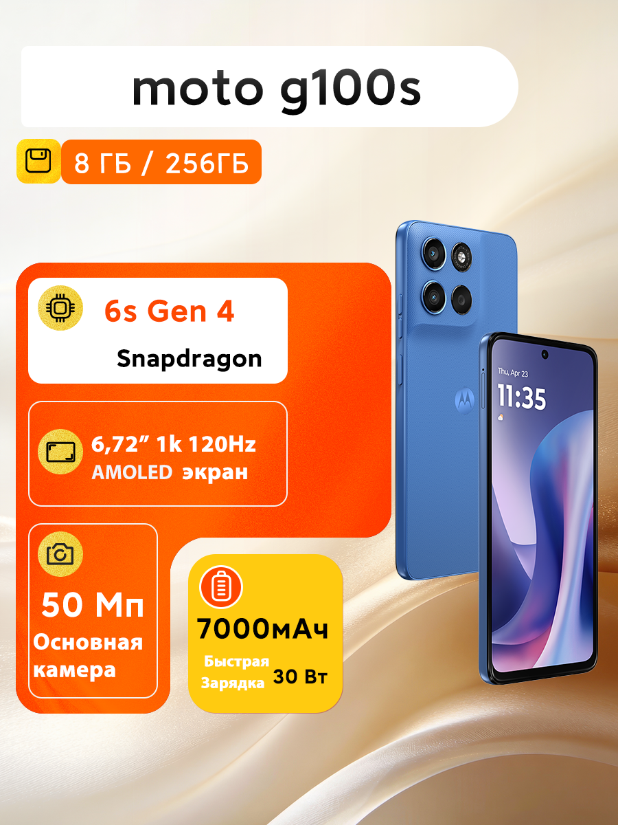 Motorola Moto G100s 8+256 ГБ Смартфон Snapdragon6s Gen4 6,72 " 120Гц ЖК-экран BLUE