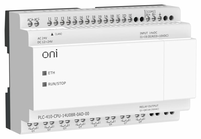 Модуль ЦПУ ПЛК 410 8 DI 6 UI (0-10В/DI) 8 RO 12В-24В DC или 24В AC с Ethernet портом без экрана ONI PLC-410-CPU-14U08R-0AD-00