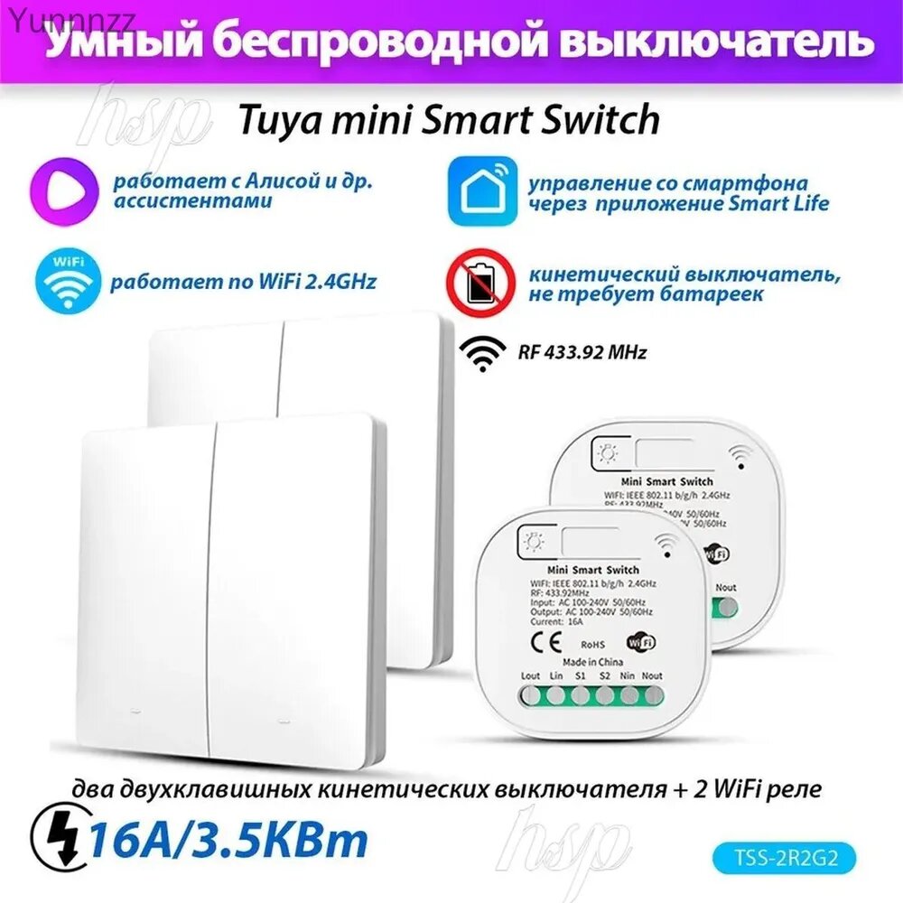 Умный выключатель Smart Switch TSS-2R2G2: 2 реле, Wi-Fi, кинетический, IP20, совместим с Алисой и Google Assistant