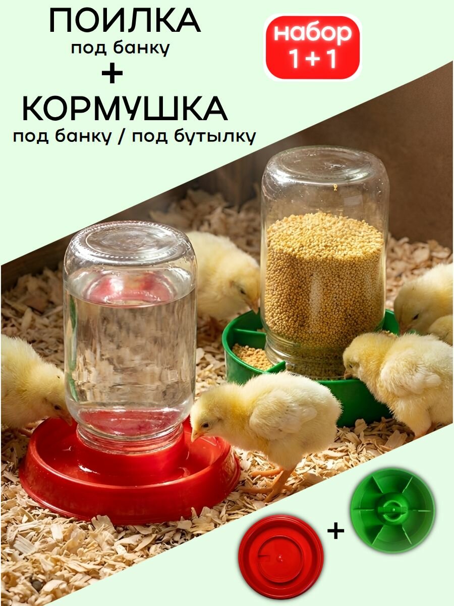 Поилка под банку для цыплят + кормушка универсальная под банку набор 1+1 цыплята для птицы для кур набор