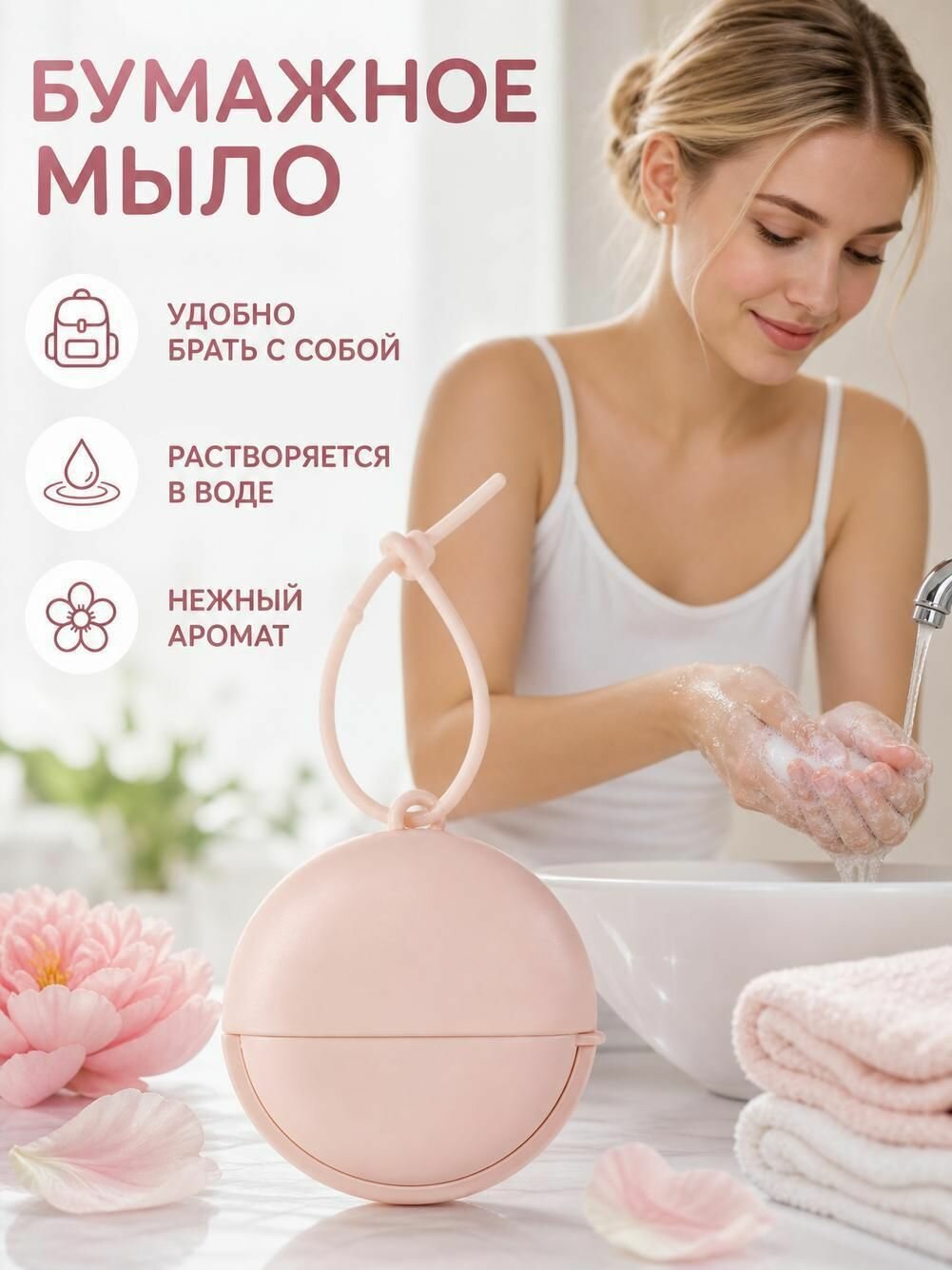 Дорожное бумажное мыло в пластинках для рук (50 шт), портативное одноразовое мини-мыло компактном футляре с шнурком путешествий, школы и кемпинга