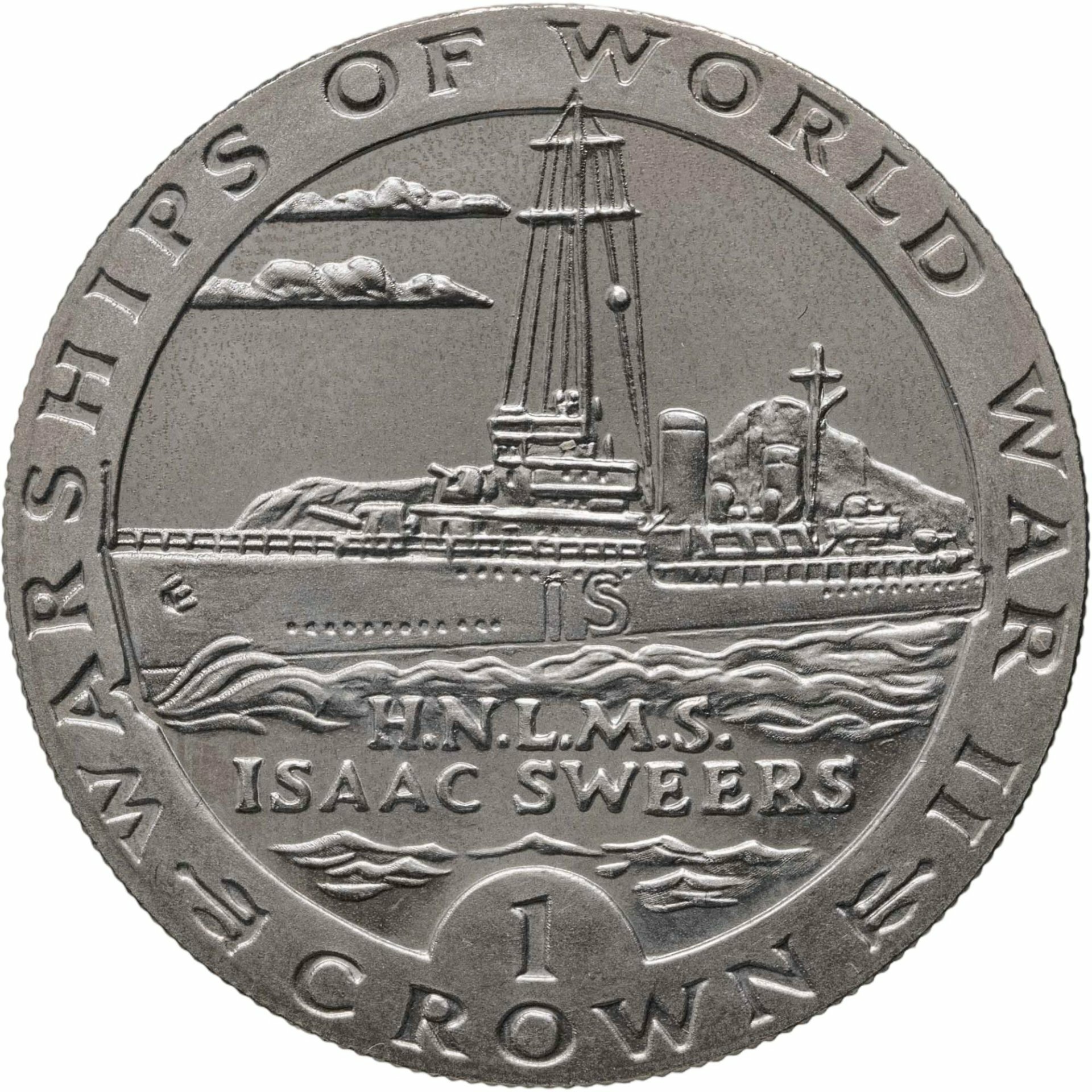 Гибралтар 1 крона 1993 "Корабли Второй мировой войны - HNLMS ISAAC SWEERS", Мельхиор медь-никель, в сохранности UNC